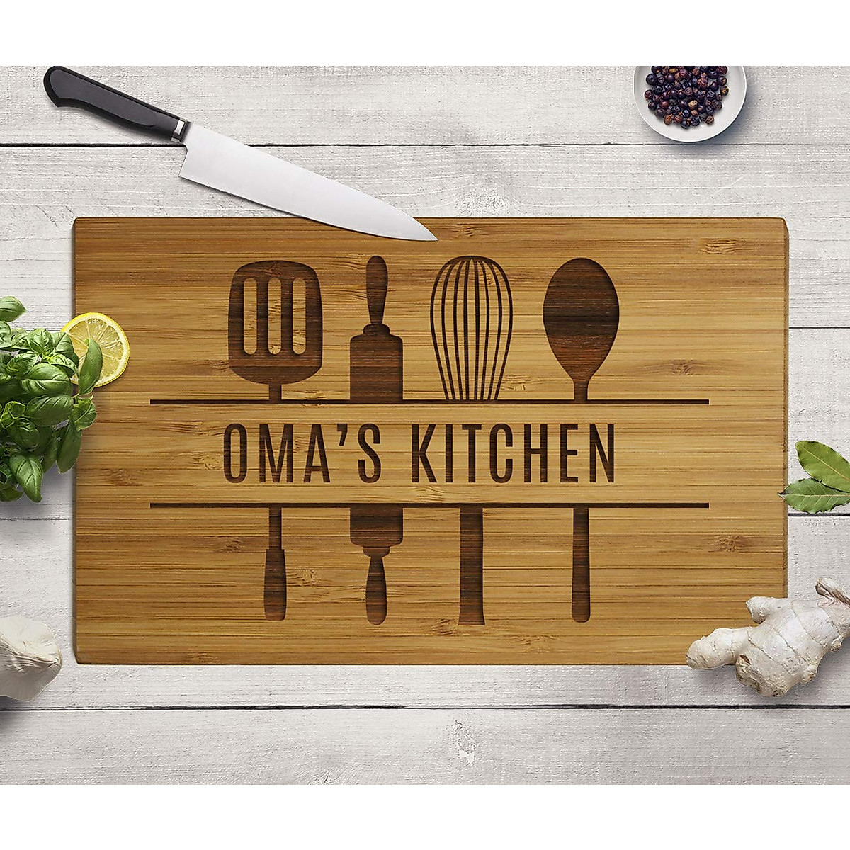 Andaz Press Large Bamboo Wood Cutting Board Gift, 17.75 x 11-inch, Oma's Kitchen, Utensils Graphic, 1-Pack, Laser Engraved Serving Chopping Board Christmas Birthday Chef Kitchen Ideas