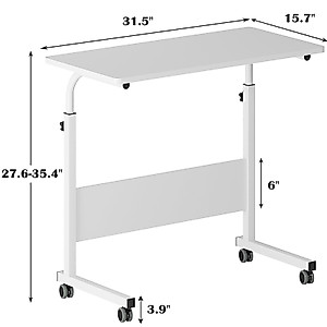 DlandHome Rolling Desk Adjustable Standing Desk, Mobile Side Table 31.4 Inches w/Wheels Adjustable C Table Movable Portable Laptop Computer Stand for Bed Sofa,White