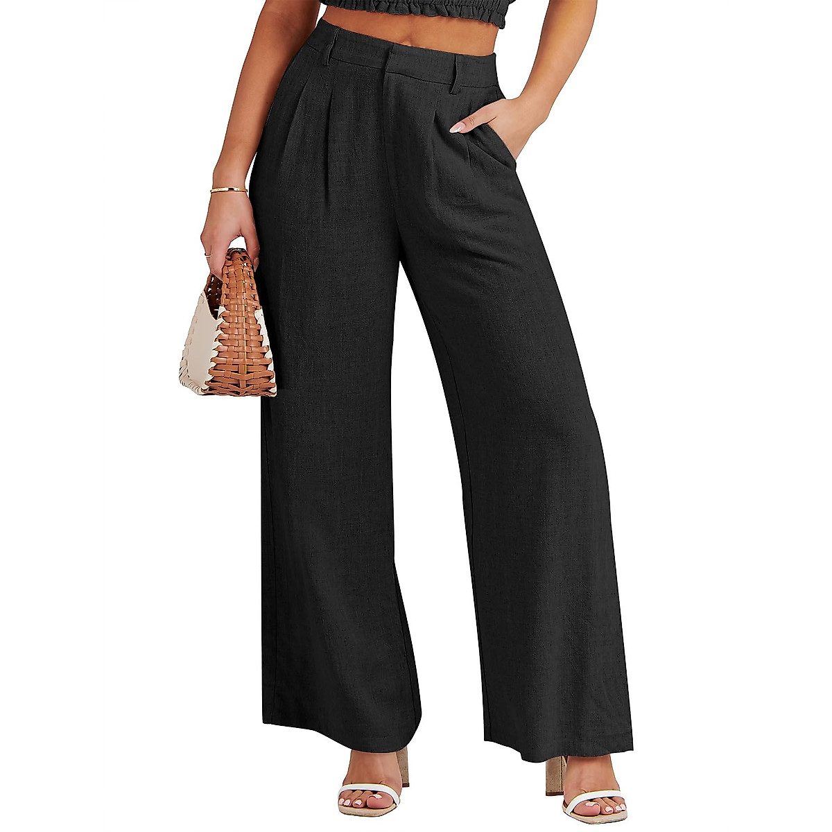 Caracilia Womens Summer Linen Palazzo Pants Wide Leg High Waist Business Casual Work Lightweight Trousers Loose Pleated Elastic Waist Dressy Pants 2024 Black Fashion Outfits with Pocket C118A3-heise-L