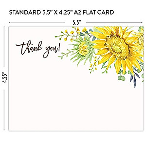 Koko Paper Co Sunflower Thank You Cards | 25 Flat Note Cards and Envelopes | Printed on Heavy Card Stock.