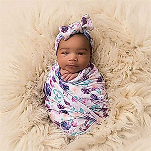 Newborn Baby Swaddle Blankets Beanie Hat Headband Sets,Swaddle Sack,Receiving Blankets Infant Baby Gifts (Purple Flower,0-3 Months),24569