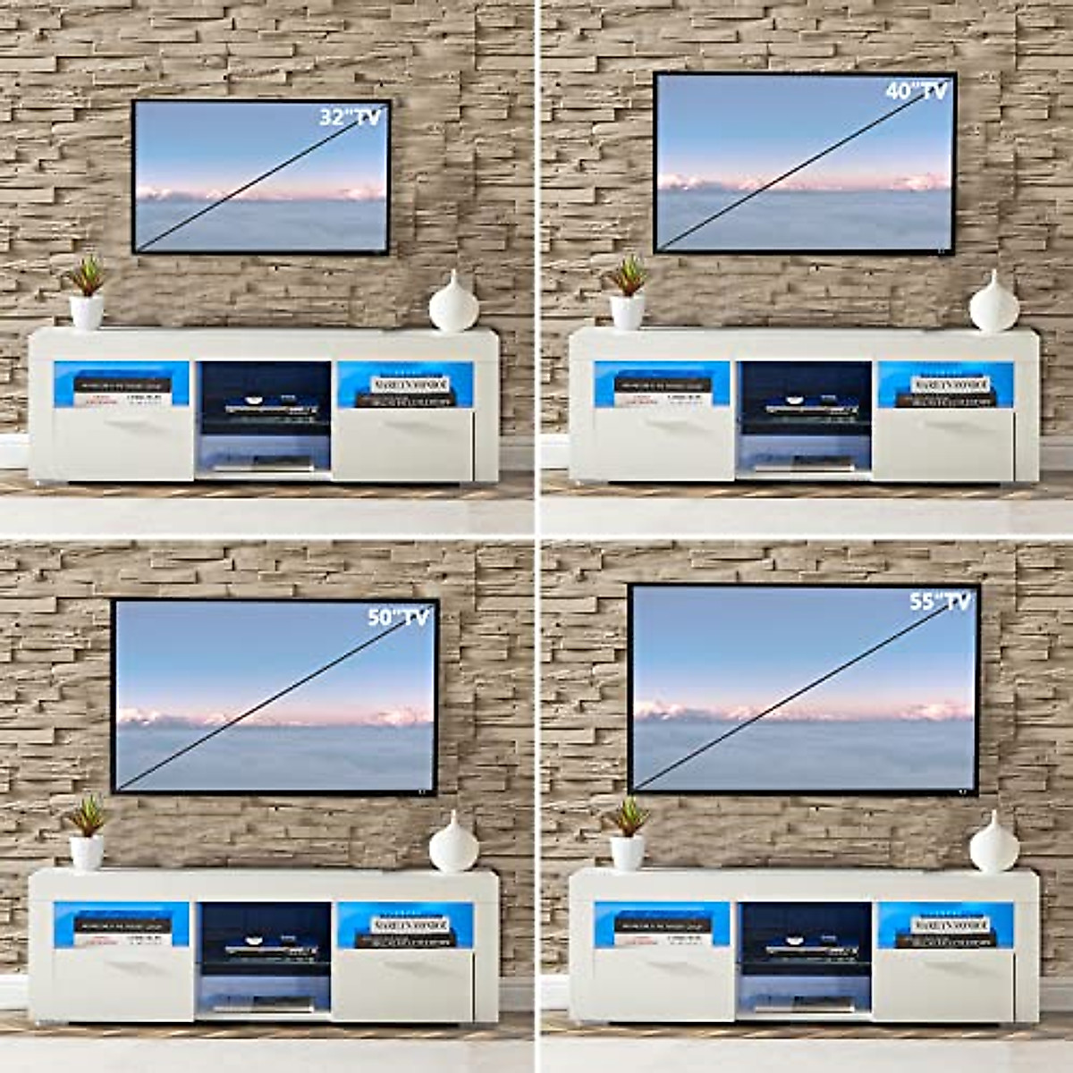 Goujxcy TV Stand for 55 inch TV with Storage - Entertainment Center for 55 inch TV, White Gloss TV Stand with LED Lights and 2 Drawer, Living Room TV Console Table Television Desk Stand