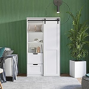 71 inch Tall Bedroom Armoire Wardrobe Closet Clothing Storage Cabinet with Hanging Rod Barn Door Drawers Open Shelves (White)