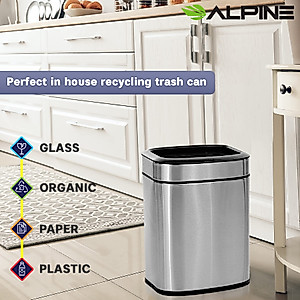Alpine 6 L Stainless Steel Slim Open Trash Can - Compact Garbage Bin - Wide Access Top Slender Durable Receptacle with Sturdy Plastic Liner (1.6 Gal)