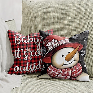DOTOOMA 18 x 18 inches Christmas Snowflake Snowman Santa Claus Decorative Red Black Buffalo Check Plaid Throw Pillow Cover Set of 4 Let It Snow Baby It's Cold Outside Home Supplies