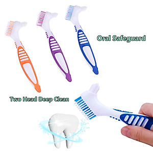 FRUTA 3 Pcs Denture Cleaning Brushes False Teeth Cleaning Brush Denture Double Sided Brush Multi-Layered Bristles Brush Portable Brush for False Teeth, 3 Colors