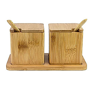 Bamboo Salt and Spice Container Set with Lid, Tray and Spoon, Square Seasoning Storage Box with Dipper, Salt Holder Pepper Container Condiment Canister for Kitchen | Salt Pepper Container