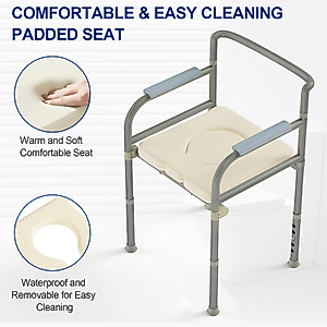 Pipleo Raised Toilet Seat with Handles - Cozy Padded Toilet Seat Risers for Seniors, Handicap - Multi-use as Bedside Commode, Shower Chair and Safety Frame, Adjustable Height, 330lbs Capacity (Grey)