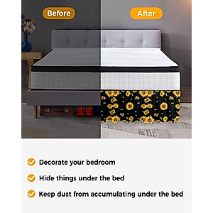 Sunflower Bee Bed Skirt King Size 16 Inch Drop, Adjustable & Elastic Wrap Around Bed Skirts Pleated Luxury Dust Ruffles for Twin Full Queen Cal King Base Bed, Rustic Spring Floral Flowers Black