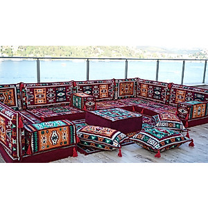Premium U Shaped Arabic Sofa Set, Maroon Floor Cushions, Arabic Seating Floor Sofa, Backrests, Moroccan Sofas, Arabic Majlis (U Sofa Full Set)