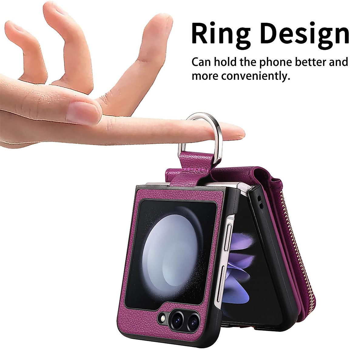 Asuwish Compatible with Samsung Galaxy Z Flip 5 5G 2023 Wallet Case and Card Slot Holder Ring Magnetic Clasp Cell Accessories Protective Zipper Phone Cover for ZFlip5 Z5 Flip5 5Z Flip5case Purple