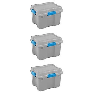 Sterilite 18336A03 30 Gallon Heavy Duty Plastic Storage Container Box with Lid and Latches, Grey/Blue (3 Pack)