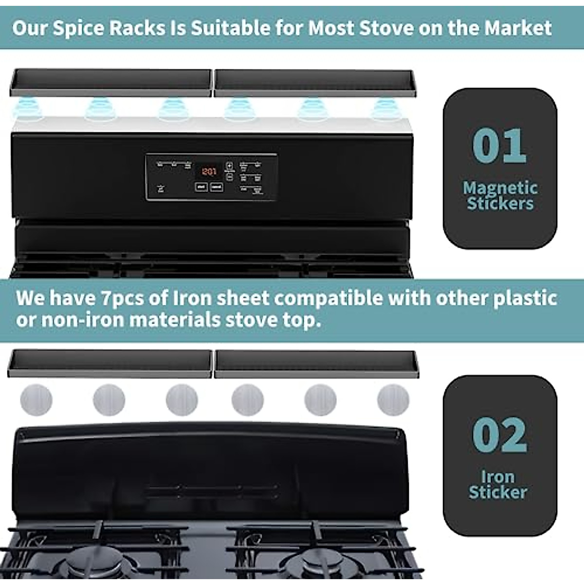 30" Stove Top Spice Rack,Silicone Top Heat Material Magnetic Stove Top Shelf Zero Installation Flexible Spice Organizer Containers Kitchen Shelf Gadgets with 2 Functional Prtitions for Kitchen Storage