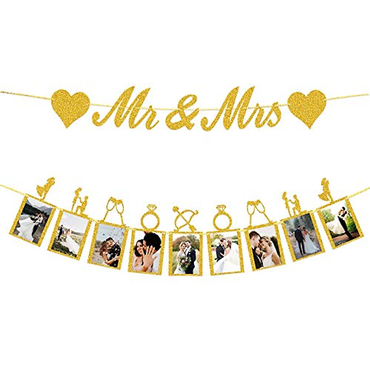 Wedding Decorations,Mr & Mrs Banner and Photo Banner with Picture Card Frames for Wedding/Engagement/Anniversary Party Decorations(Gold Glitter)
