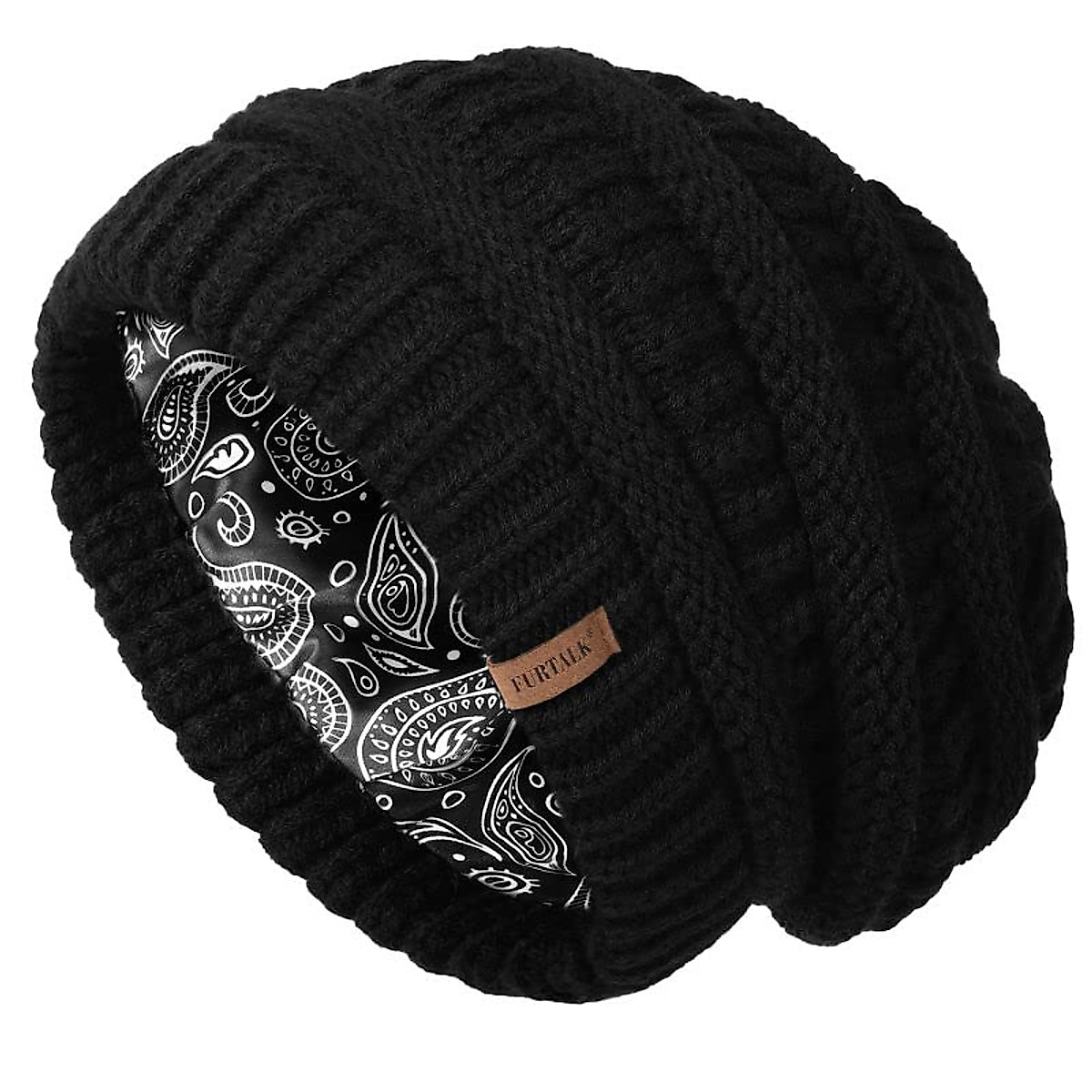 FURTALK Winter Beanie for Women Satin Lined Warm Knit Skull Slouch Beanie Hat (Black-Satin Lining, One Size)
