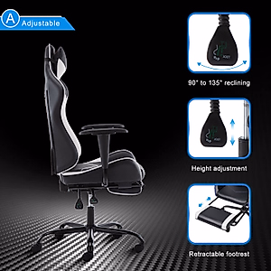 Gaming Chair PU Leather Racing Chair with Footrest, High Back Recliner Swivel Office Chair Headrest Ergonomic Lumbar Support Desk Chair, Executive Task Computer Chairs, White