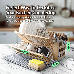 Kitchen Dish Drying Rack for Kitchen Counter - Bamboo Dish Drying Rack - Wooden Collapsible Dish Drying Rack Dishes Drying Rack Kitchen - 2 Tier Dish Drying Rack Small - Dish Strainer - Dishrack