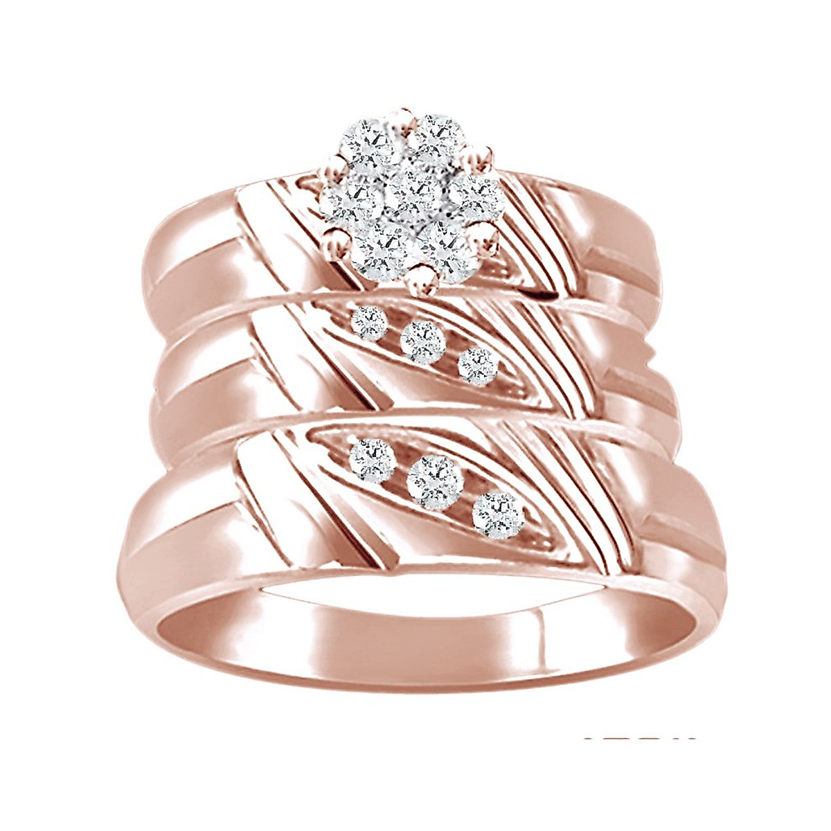 AFFY White Natural Diamond Wedding & Engagement Trio Band Ring Set in 14k Rose Gold Over Sterling Silver (0.25 Carat)