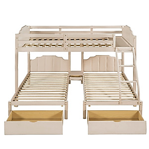 PRNDOLE Full Over Twin & Twin Bunk Bed,Triple Bunk Bed with 3 Drawers,Headboard and Guardrails for Kids Teens Adults,Beige