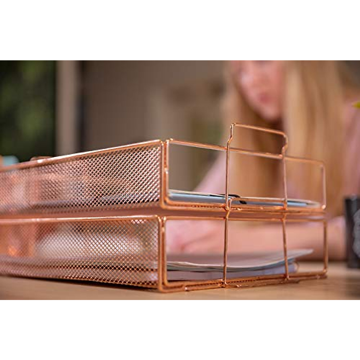 Rose Gold Letter Tray - 2 Tier Rose Gold Desk Organizer for Women, Stackable Paper Tray Organizer, File Organizer for Home Office and Desk Accessories
