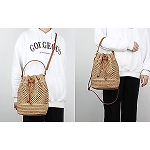 Women Small Hollow Out Straw Woven Drawstring Crossbody Bag Top-handle Bag Bucket Bag