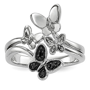 Diamond2Deal 925 Sterling Silver White and Black Diamond Butterfly Ring 7 Size Fine Jewelry for Women (0.05ct)