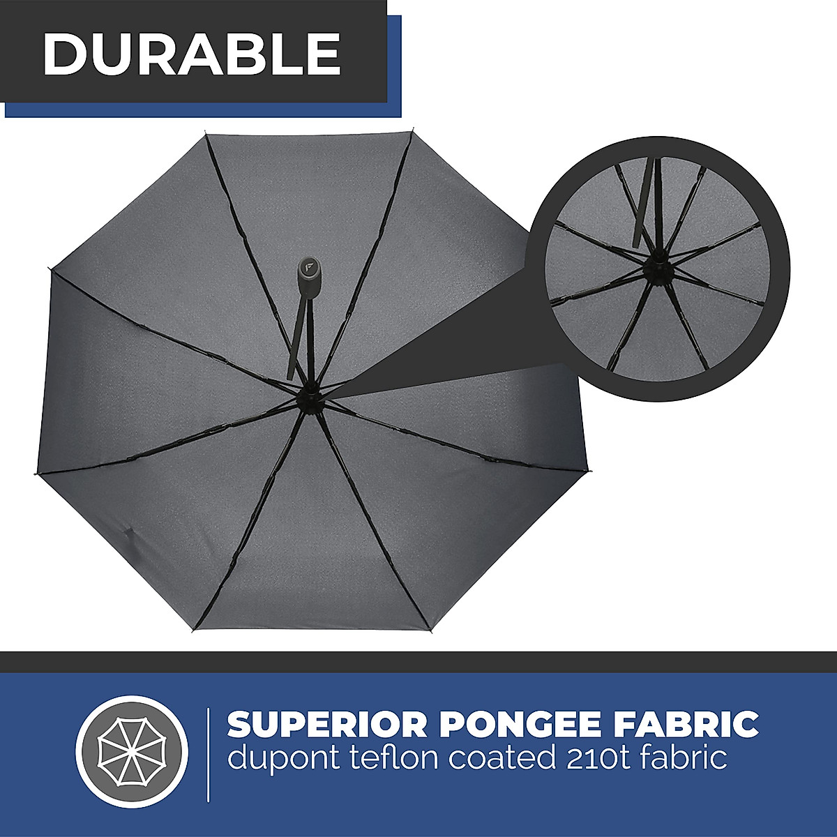 Windproof"TEFLON" Coated Travel Umbrella - Auto Open/Close - Travel Stylish Lightweight Design for Women/Men (Dark Grey)
