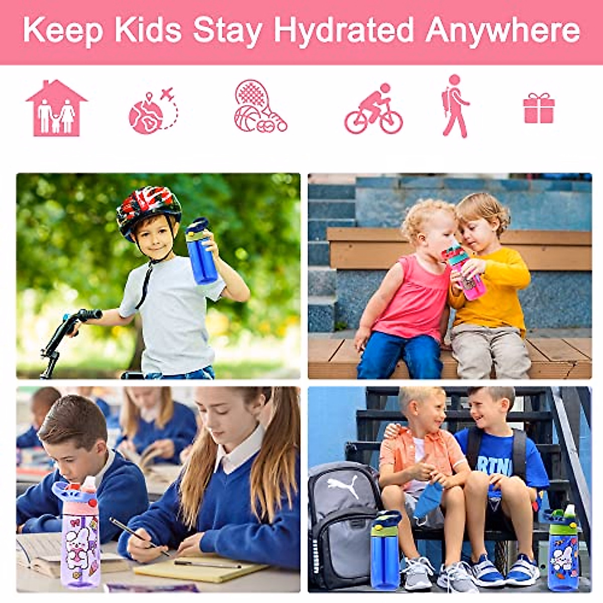 ROISDIYI Kids Water Bottle with Straw Spill Proof Toddler Water Bottles for School 16 OZ 3 Pack, Ideal for Travel and Activities, Easy Clean and Dishwasher Safe Press The Button For Pop Up Straw