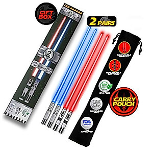 LIGHTSABER CHOPSTICKS LIGHT UP STAR WARS LED Glowing Light Saber Chop Sticks REUSABLE Sushi Lightup Sabers-Removable Handle Dishwasher Safe-Premium GIFT BOX & CARRY CASE Included -Blue & Red - 2 Pairs
