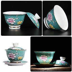 FOMIYES Chinese Porcelain Teacups Gaiwan Poney Flower Tureen Tradition Sancai Cover Bowl Lip Cup Saucer Tea Set Loose Tea Blooming
