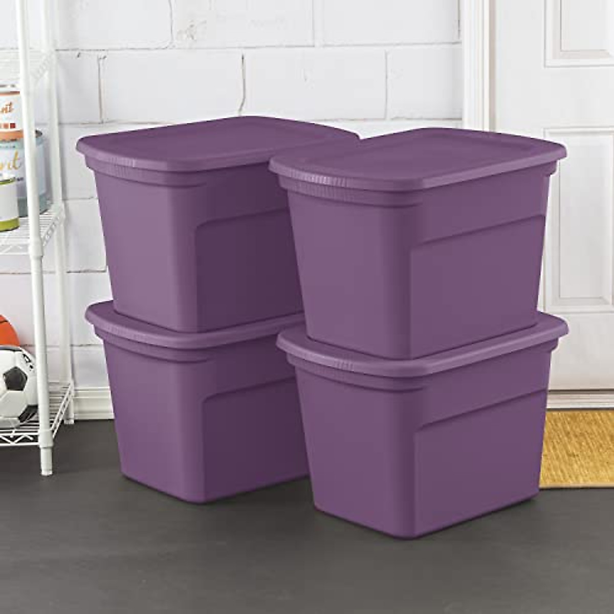 Sterilite 17318V08 Lidded Stackable 18 Gallon Storage Tote Container w/Handles and Indented Lid for Efficient, Space Saving Household Storage, Purple