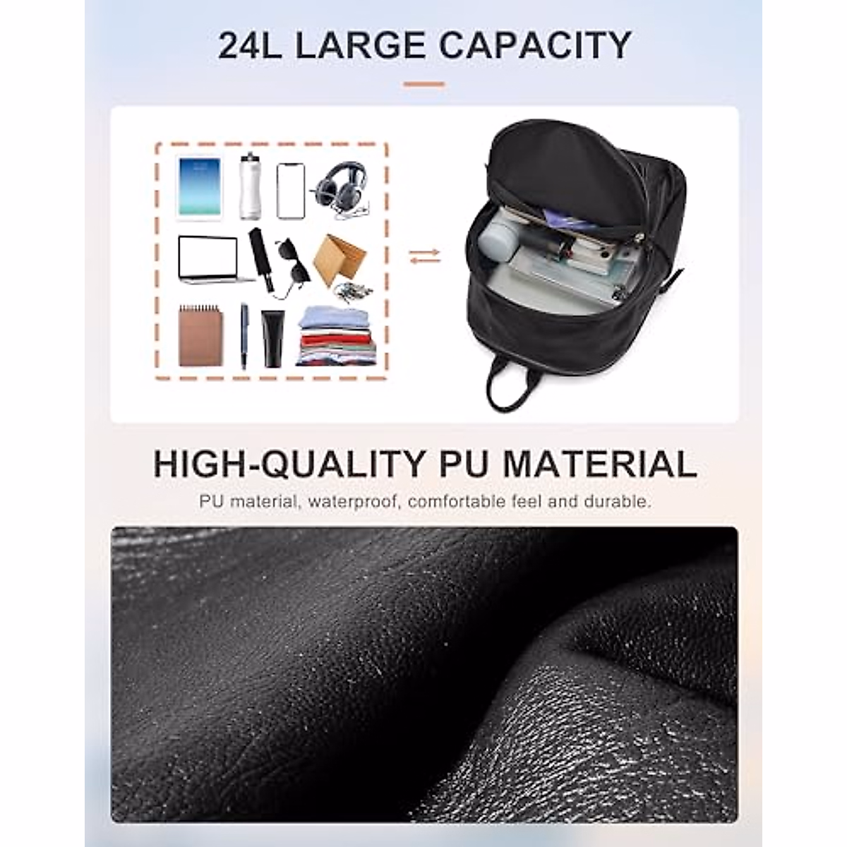 Laptop Backpack Women, Faux Leather Work Travel Backpack for Men with USB Port, Waterproof Fashion Casual Daypack for Business University, Large Capacity Carry On Backpack for Airplanes, Black