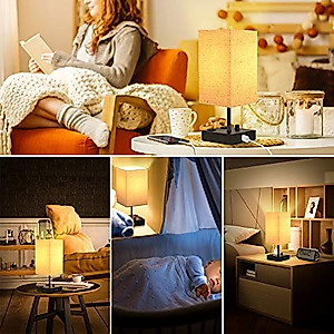 Upgraded Fully Dimmable USB Bedside Table Lamp Set of 2, Nightstand Table Lamps with 2 USB Charging Ports 2 AC Outlets, Square Fabric Shade Modern Desk Lamp Set for Bedroom Living Room, Bulbs Included