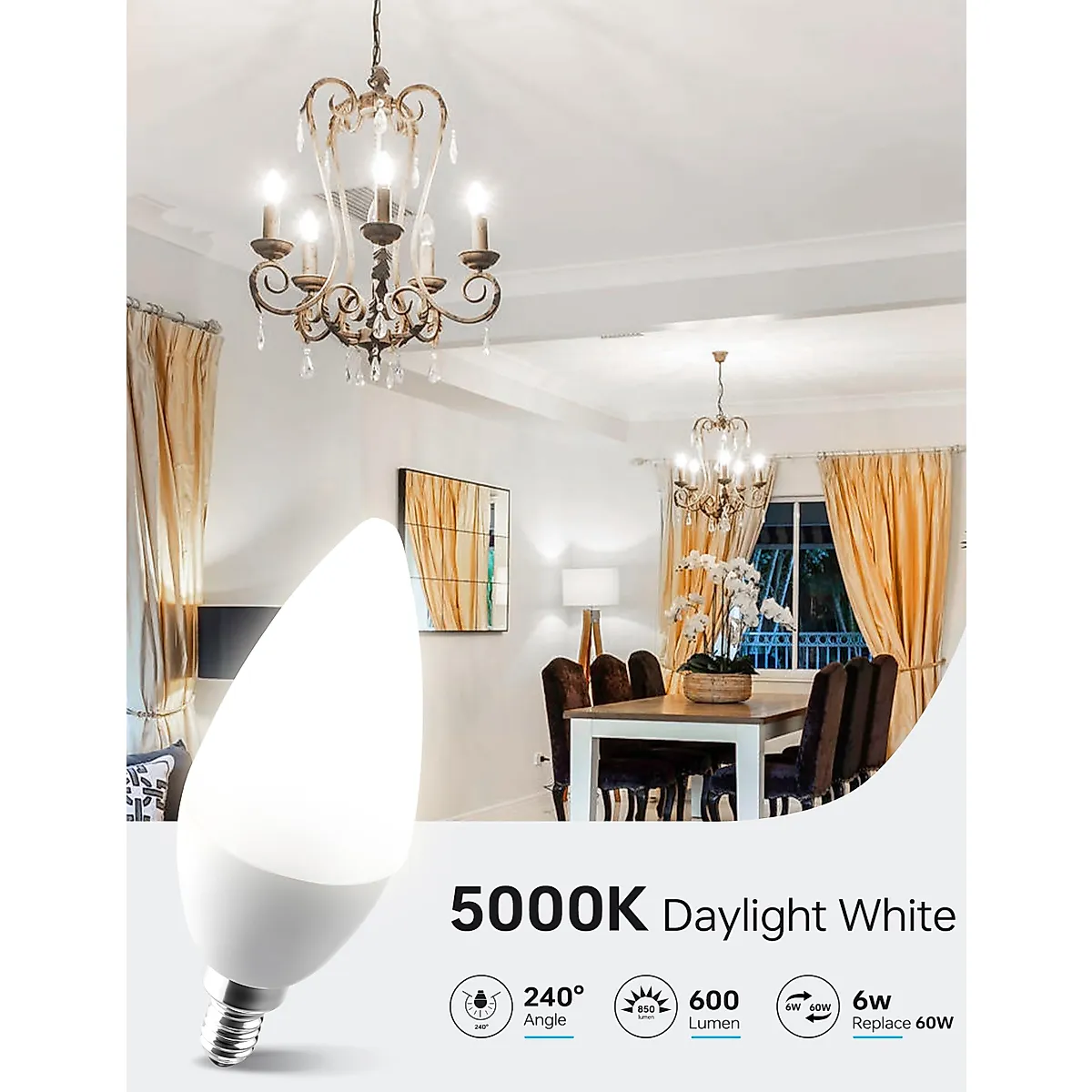 KINDEEP LED Candelabra Light Bulbs Dimmable 60 Watt Equivalent, Daylight 5000K, 600LM, E12 Candle Bulb Base 6W Ceiling Fan Lightbulbs Type B Bulb for Chandelier, Wall Sconces, 6 Pack