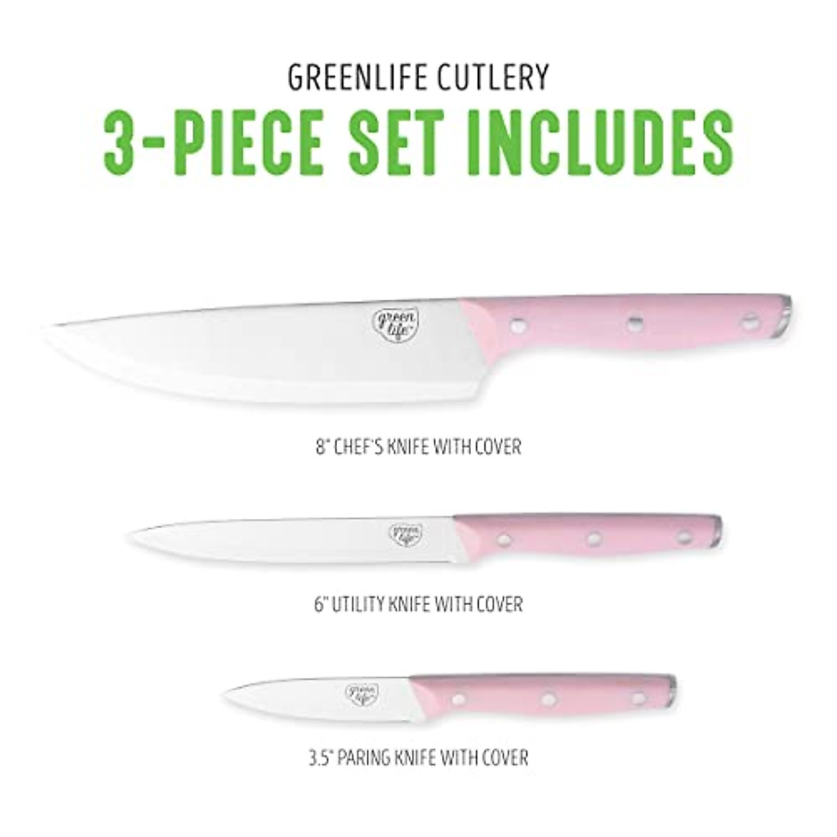 GreenLife High Carbon Stainless Steel 3 Piece Knife Set with Covers, Includes Chef Utility and Pairing, Comfort Grip Handles,Triple Rivet Cutlery, Soft Pink