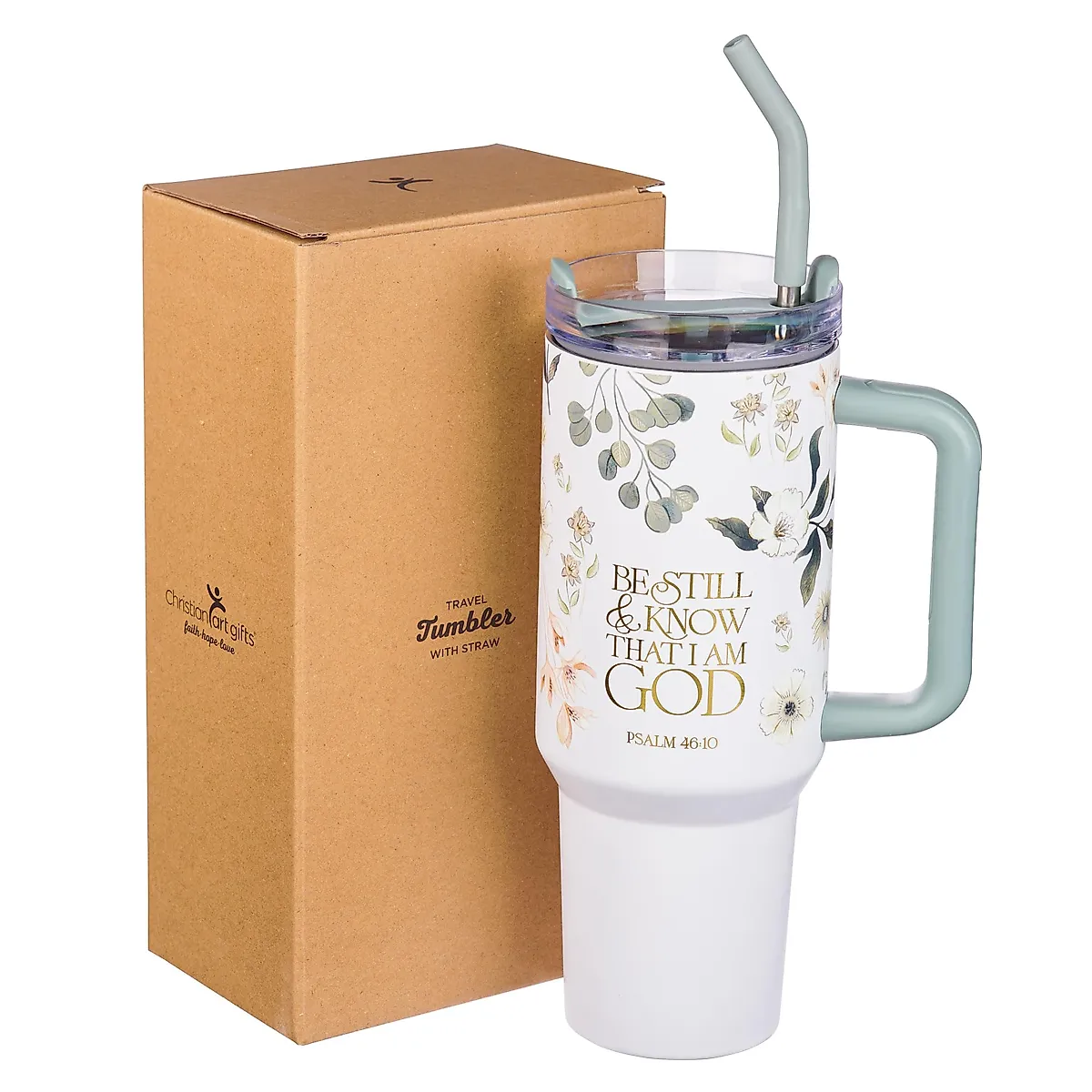 Christian Art Gifts Extra Large Stainless Steel Double Wall Vacuum Insulated Travel Tumbler for Women: Be Still Inspirational Scripture, Lid, Reusable Straw, Wide Handle, White & Teal Floral, 40 oz.
