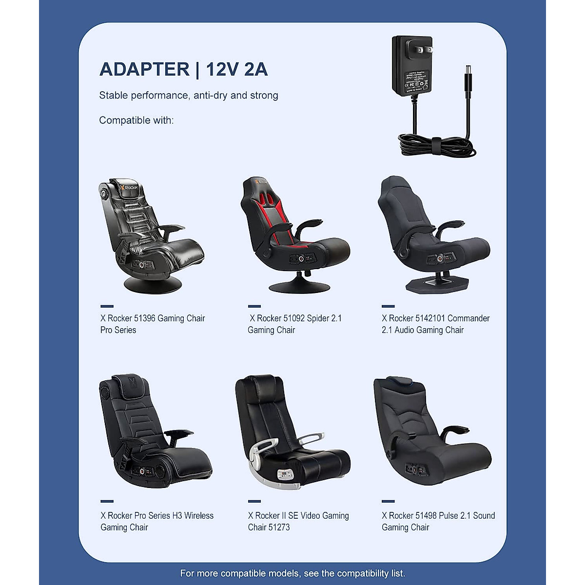 AC DC Adapter fit for X Rocker Pro Gaming Chair Power Cord, for H3 51259 51231 51396 51092 51498 X Rocker Pro Series Video Audio Game System Power Supply Cord Charger (6 ft)