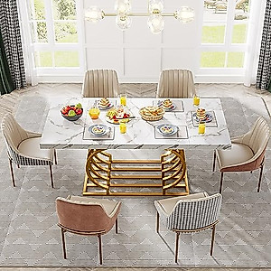 Tribesigns Modern Dining Table, 63 inch Faux Marble Wood Kitchen Table for 6 People, Rectangular Dinner Room Table with Geometric Frame for Kitchen, Dining Room (White & Gold)