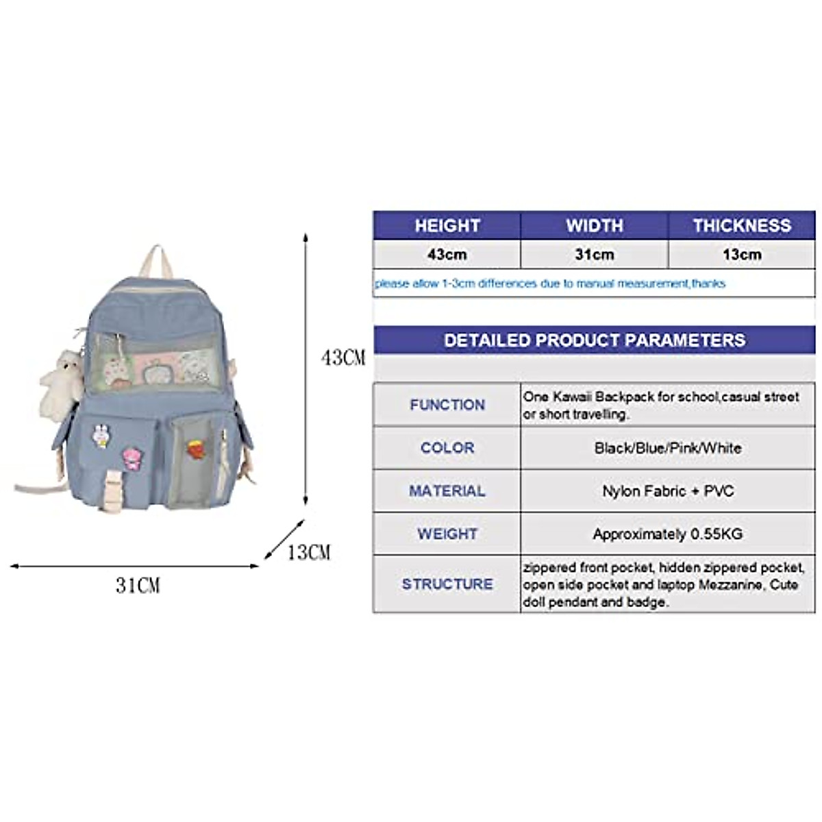 Kawaii Backpack Aesthetic Laptop Bag Large Capacity School Bag 17in Cute Bookbag Backpacks for Girls with Badge&Cute Pendant Blue2