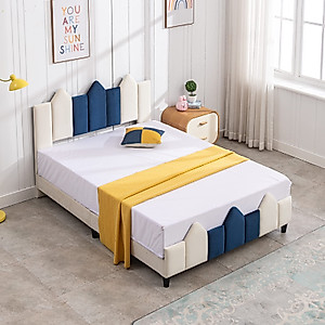 Mixoy Twin Size Kids Bed Frames,Upholstered Twin Platform Bed Frame for Children with Headboard,Toddler Bed for Boys & Girls, Teens,No Box Spring Needed, Easy Assembly(Blue/White,Twin)