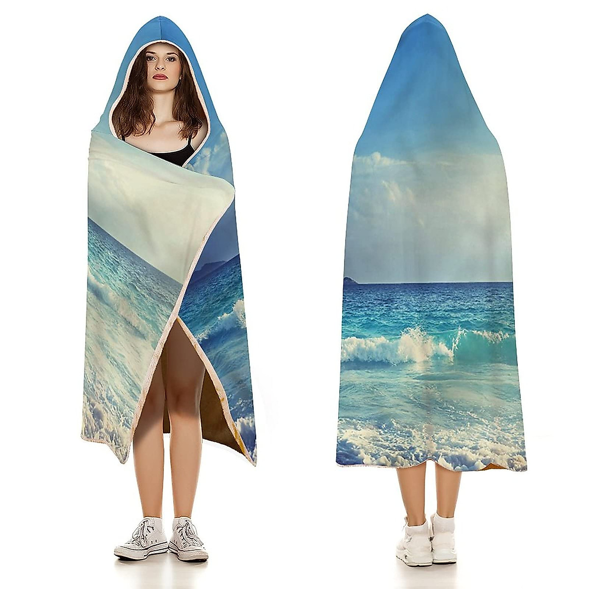 Hooded Blanket Poncho, Ocean Women Men Hooded Blanket, Beach Sunset Waves, Soft Warm Cozy, 40 x 50inches, for Kids Adults Travel Throw Blankets, Multicolor