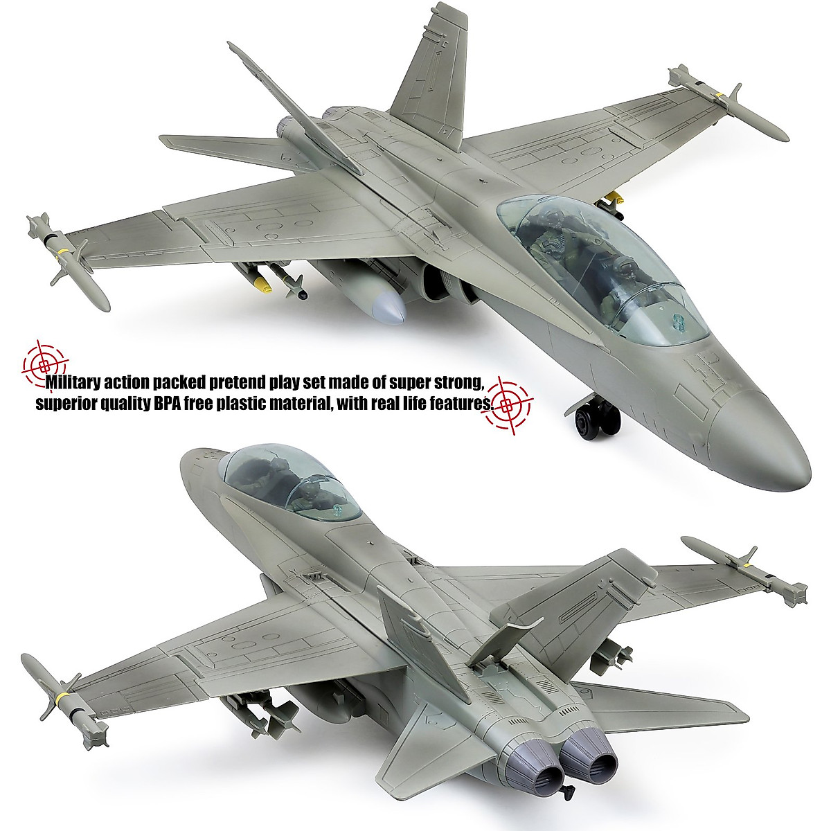Click N’ Play Military Air Force F/A 18 Super Hornet Fighter Jet, 16 Piece Play Set with Accessories - Army Action Figures, Missiles, and More, Toy for Boys 6+,Grey