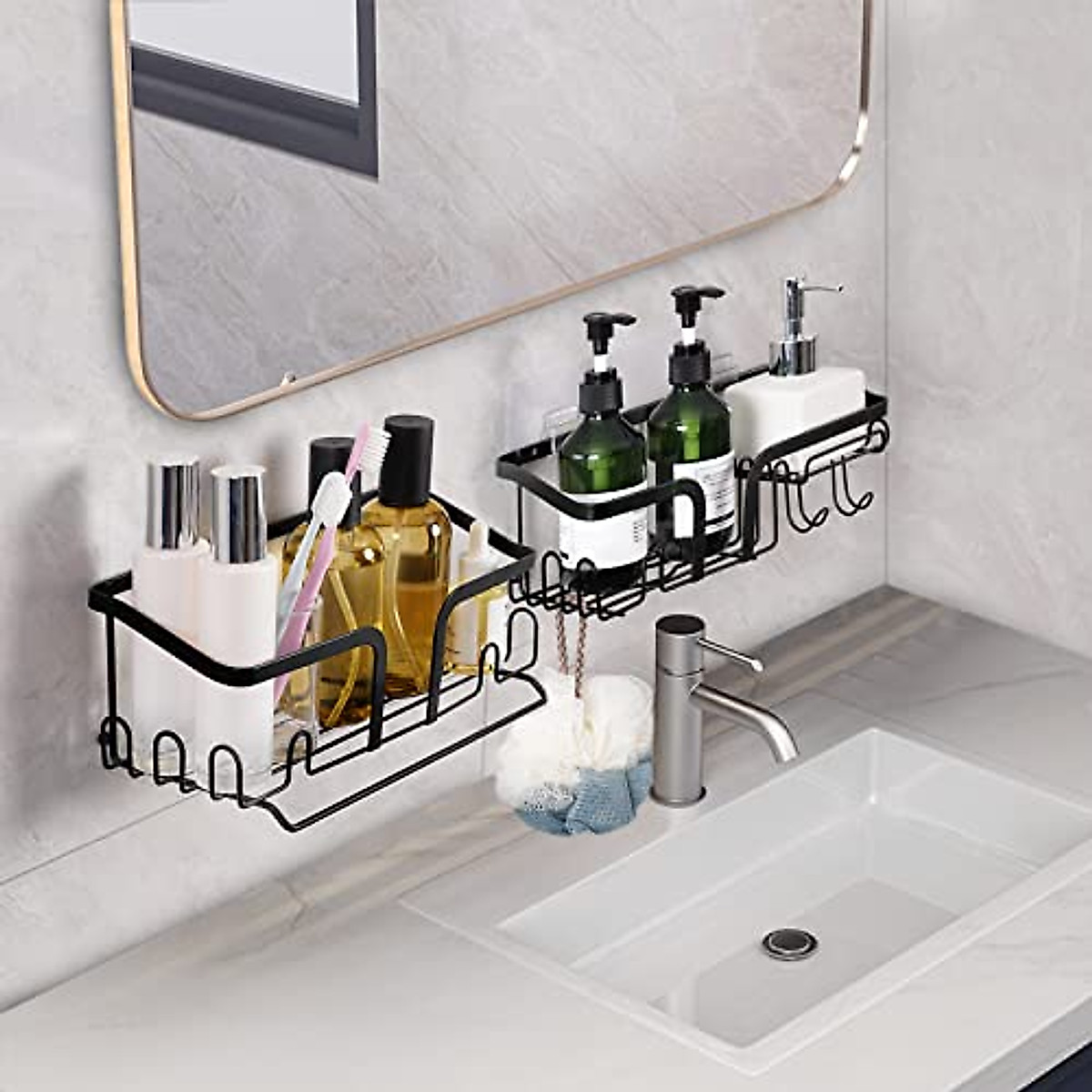 Bathroom Shower Shelf Organizer Rack 2-Pack, Strong Adhesive Shower Caddy with Soap Holder and 11 Hooks, No Drilling Wall Mounted Rustproof Stainless Steel Shower Shelf for Inside Shower, Black