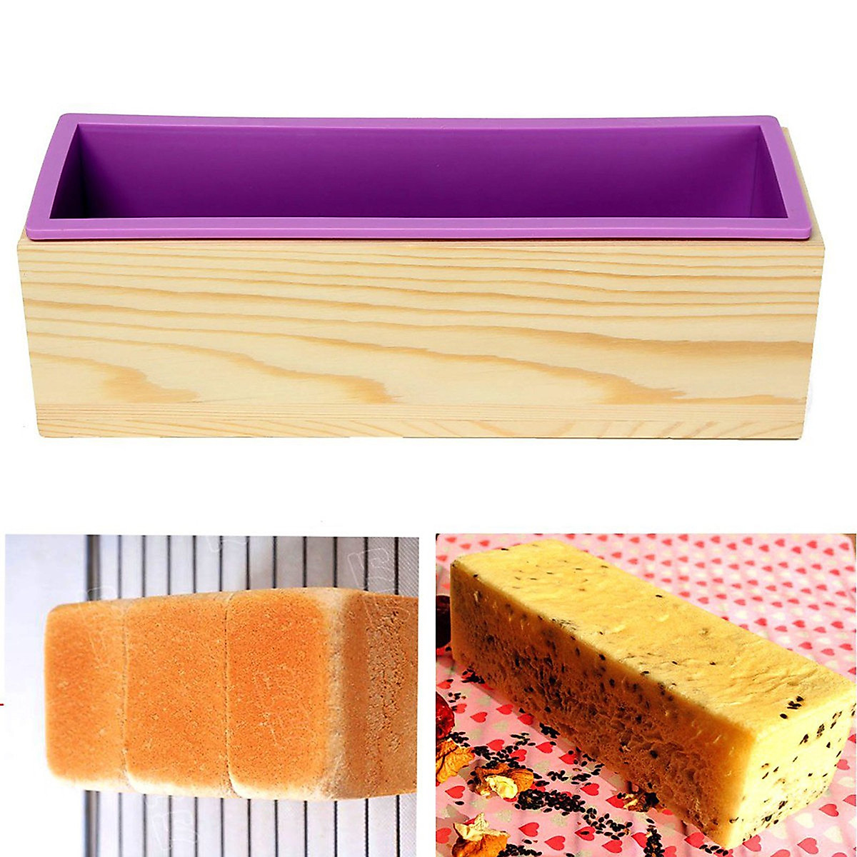 Ogrmar Flexible Rectangular Soap Silicone Mold with Wood Box DIY Tool for Soap Cake Making 42oz (Purple-2PCS)