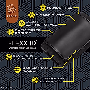 FLEXX ID TREKK Wearable Wallet with ID Badge Holder for Quick Hands-Free Access, Secure Wallet featuring 3 Card Slots & Convenient Zipper Pocket (Black, Textured Leather)