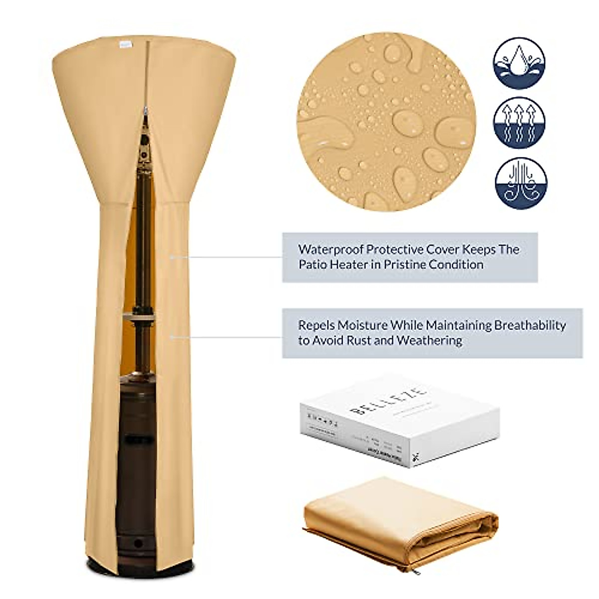 BELLEZE 48,000 BTU Gas Outdoor Patio Heater with LP Propane Heat, Wheels For Smooth Mobility & Double-Sided Waterproof Cover (Sand), CSA Certified - Bronze