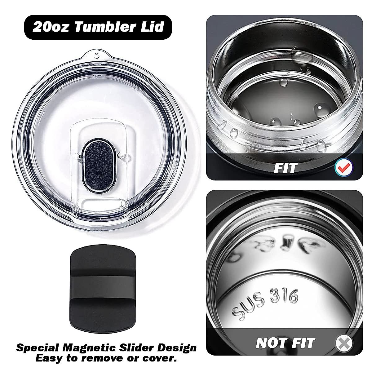 2Pcs 20oz Magnetic Tumbler Lid with 4Pack Magnetic Sliders, Replacement Cup Lids Tumbler Cover Spill Proof Fits YETI Rambler, Old Style Rtic, Ozark Trail and more