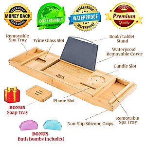 Luxury Bamboo Bathtub Caddy Tray with Two Free Bath Bombs, Soap Holder, and Non-Slip Silicone Grips - Durable and Solid - Expandable Organizer with Removable Spa Trays