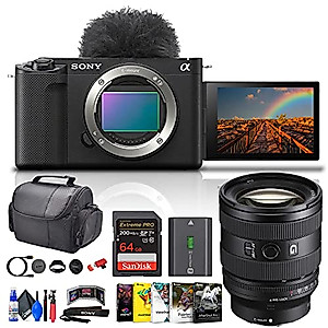 Sony Alpha ZV-E1 Full-Frame Vlog Mirrorless Lens Camera (Black) (ILCZVE1/B) FE 20-70mm G Lens + 64GB Card + Corel Photo Software + Card Reader + Case + Flex Tripod + Cleaning Kit (Renewed)