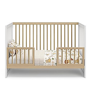 Storkcraft Calabasas 3-in-1 Convertible Crib (White with Driftwood) – GREENGUARD Gold Certified, Fits Standard Crib Mattress, Converts to Toddler Bed, Modern Style, Easy 30-Minute Assembly